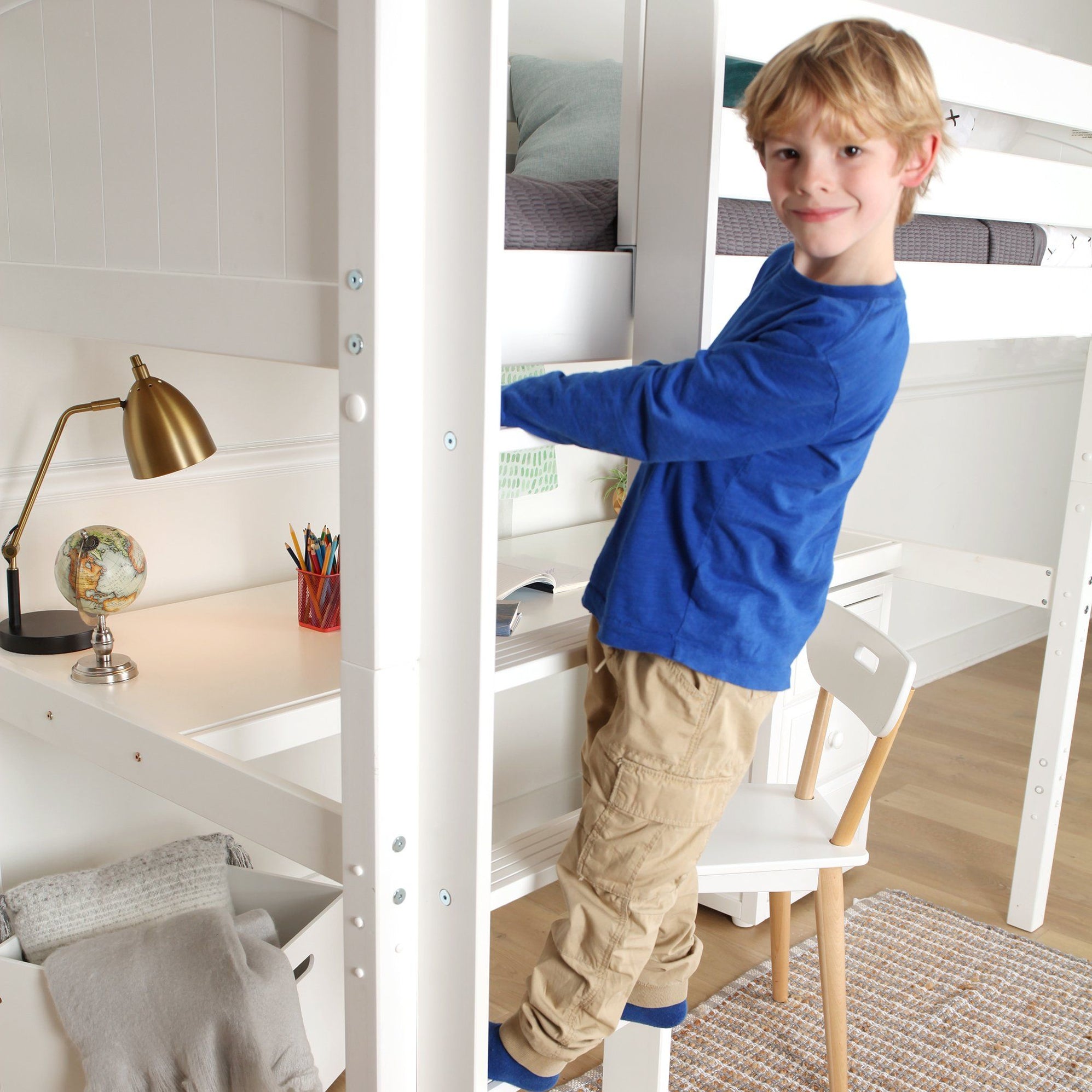 Maxtrix Twin High Loft Bed with Straight Ladder and Long Desk — Decor4Kids